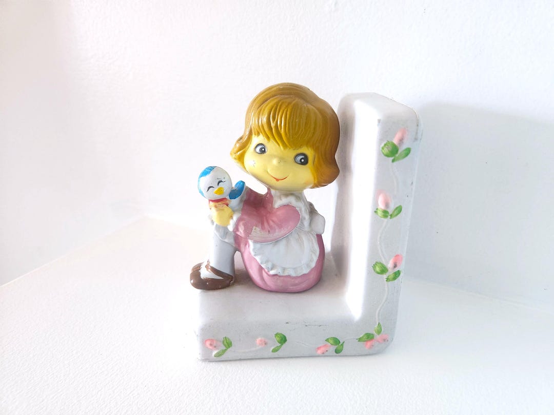 Vintage Little Girl With Blue Bird Bookend Collectible Kitschy Nursery ...