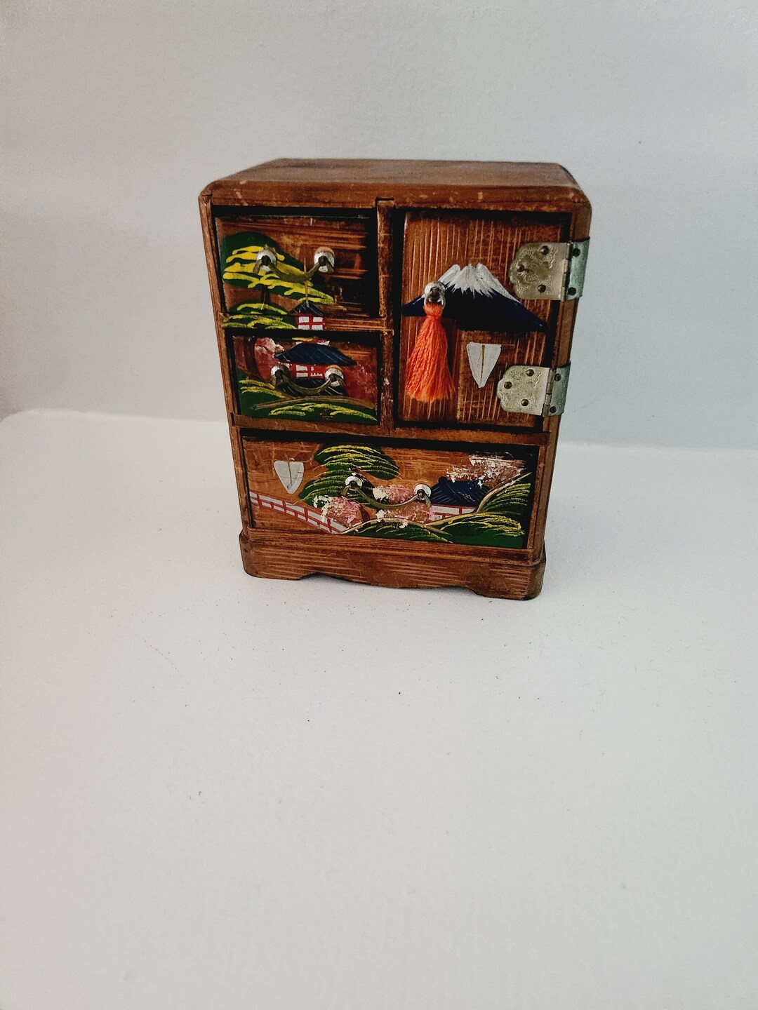 Vintage Wooden Handpainted Asian Style Jewerly Chest Box Japanese Table ...