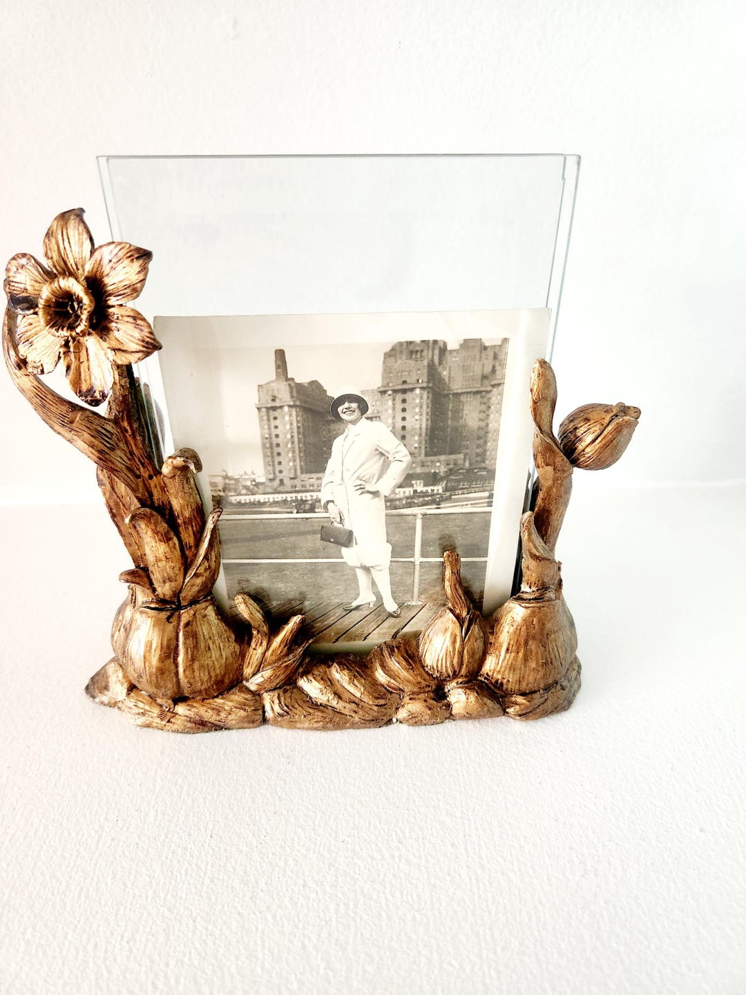 Vintage Floral Picture Desk Frame "frame-less" Double Sided Resin Base ...