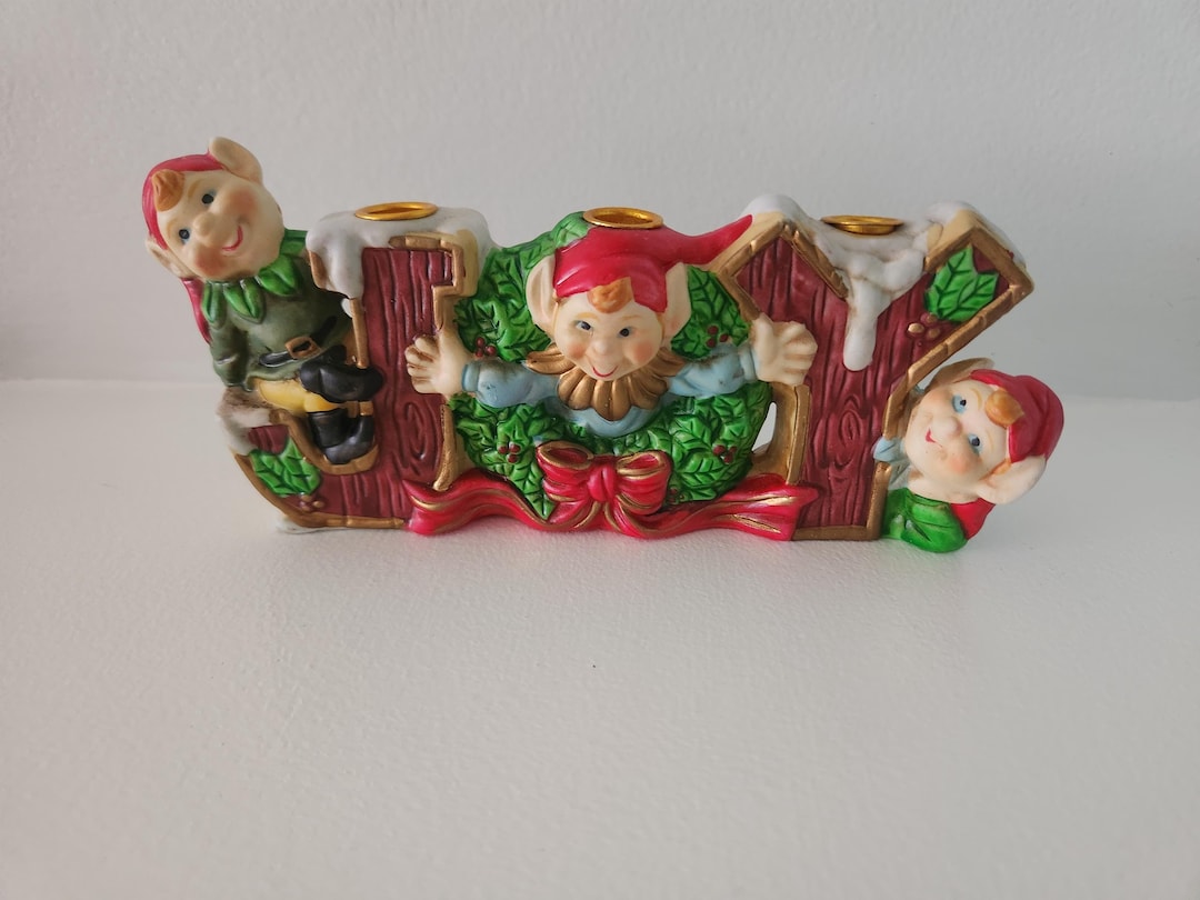 Vintage Robel Hall Ceramic JOY Christmas Elves Candle Holder -- Trio ...