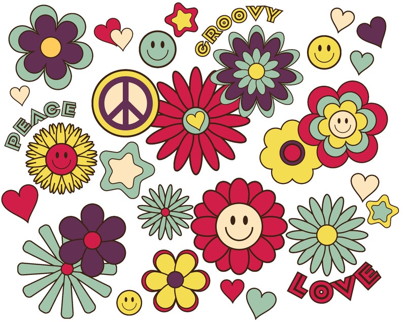 Hippy Flower Bundle Svg / Retro Flowers / Hippy Peace Flowers / Hippy ...