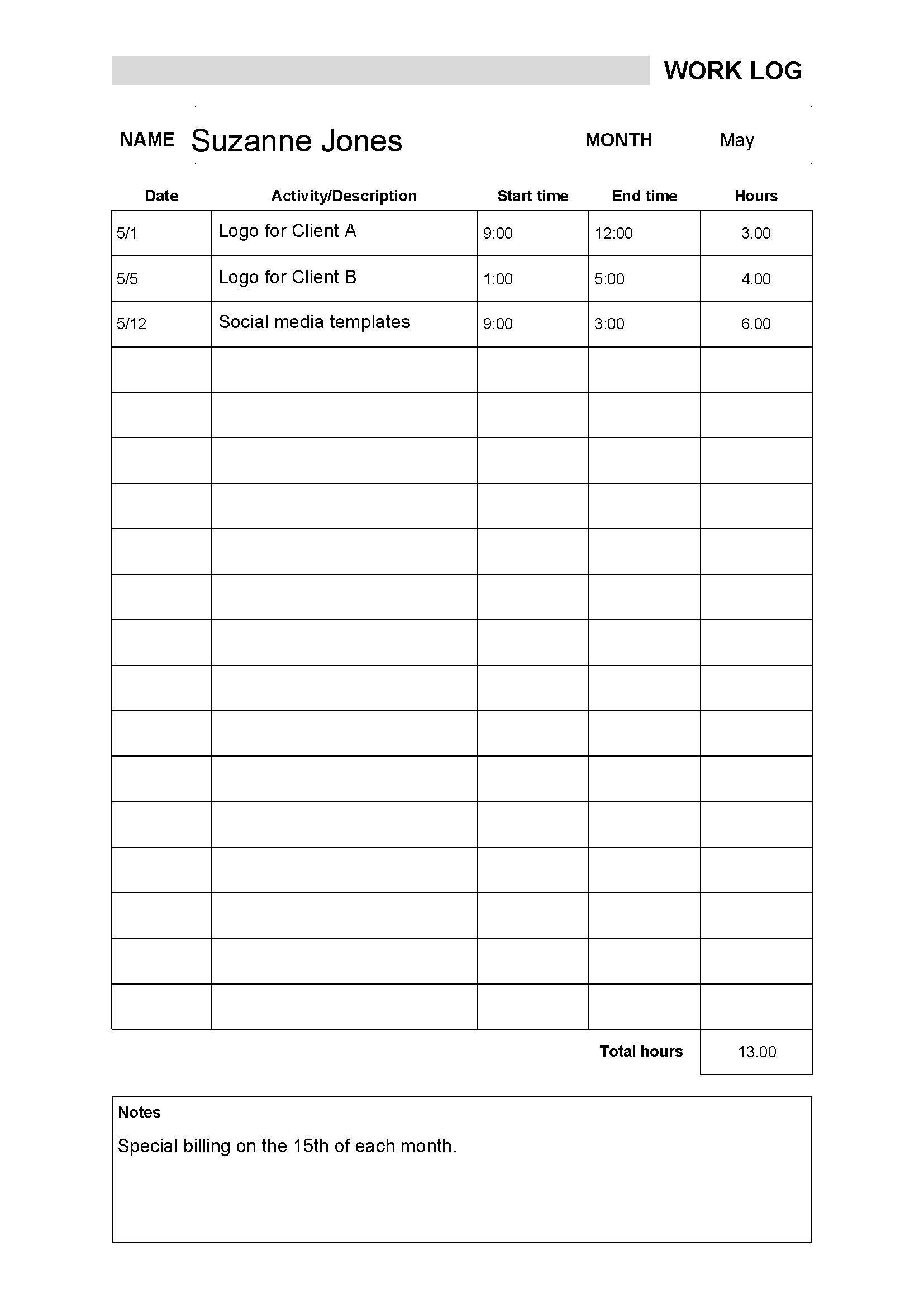 Work Log Printable / Time Log / Time Tracker / Monthly Work Log / Work ...