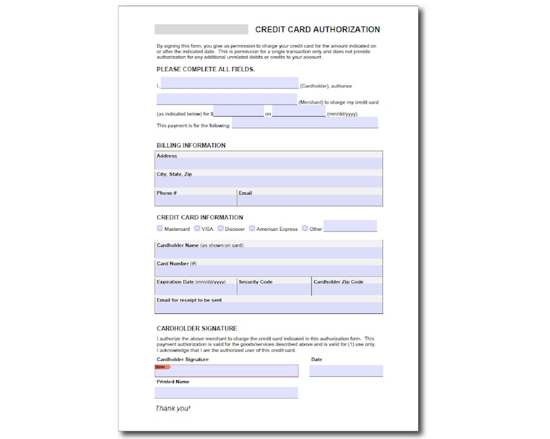 Credit Card Authorization Form / Fillable Credit Card Form / Credit ...
