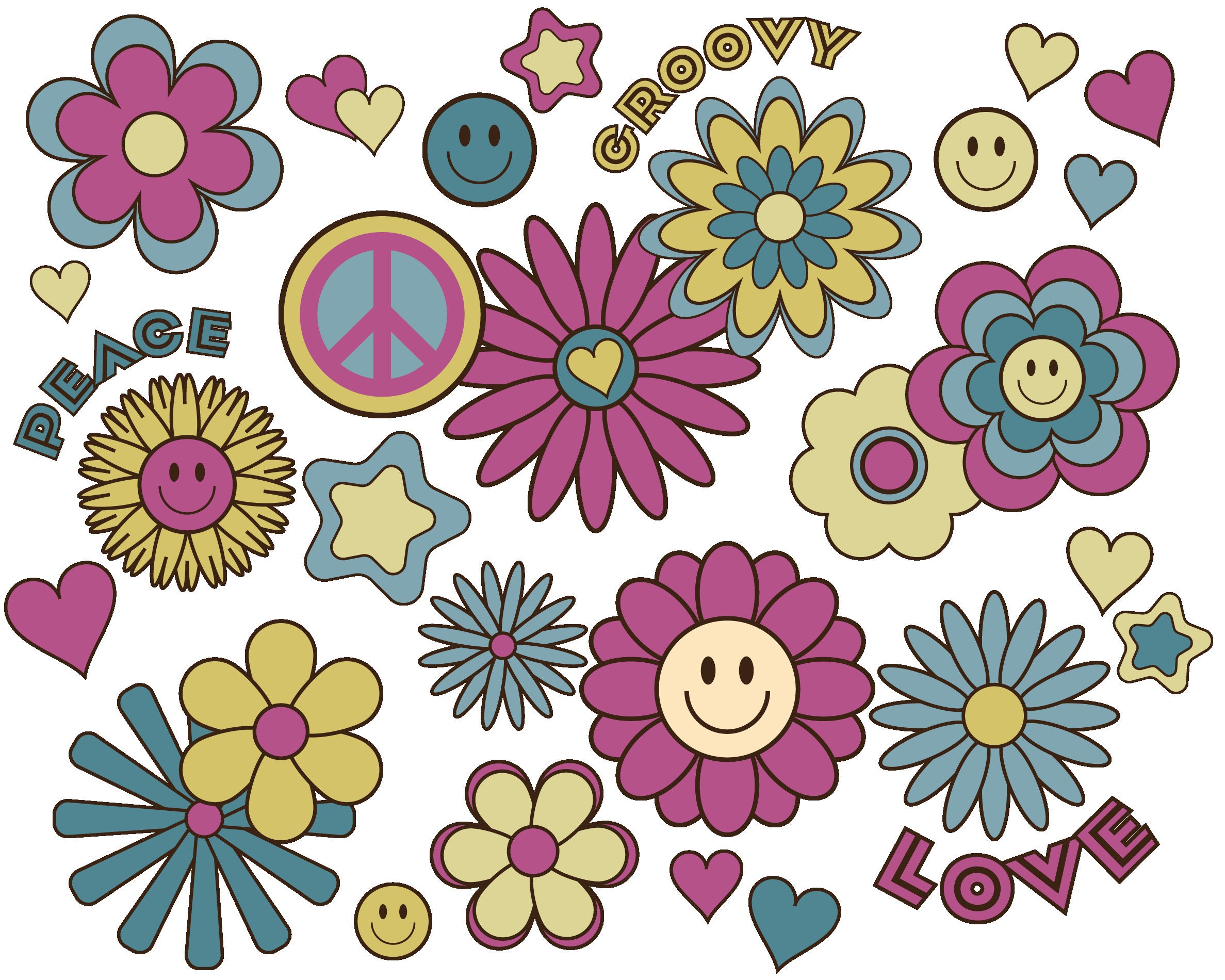 Hippy Flower Bundle Svg / Retro Flowers / Hippy Peace Flowers / Hippy ...