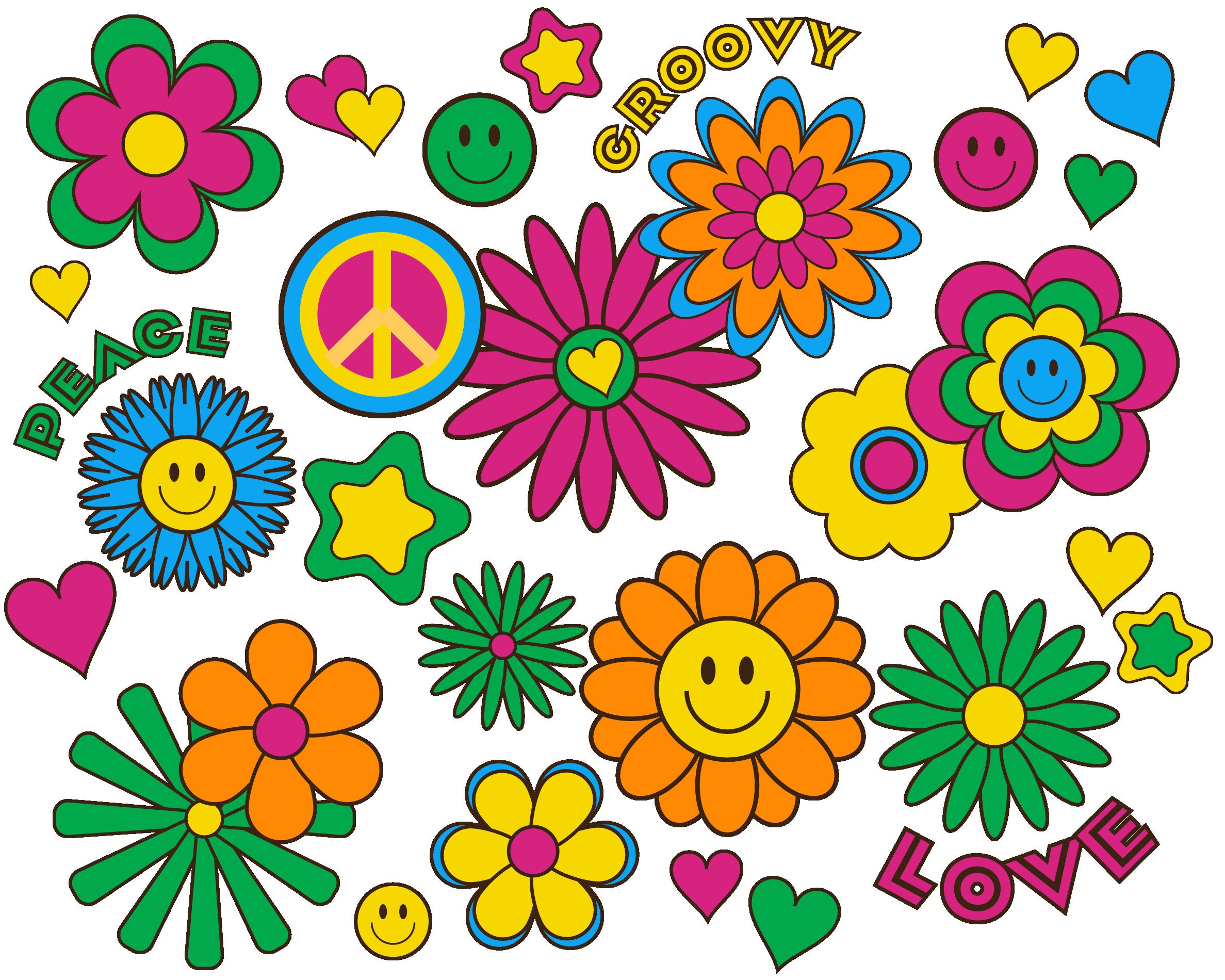 Hippy Flower Bundle Svg / Retro Flowers / Hippy Peace Flowers / Hippy ...