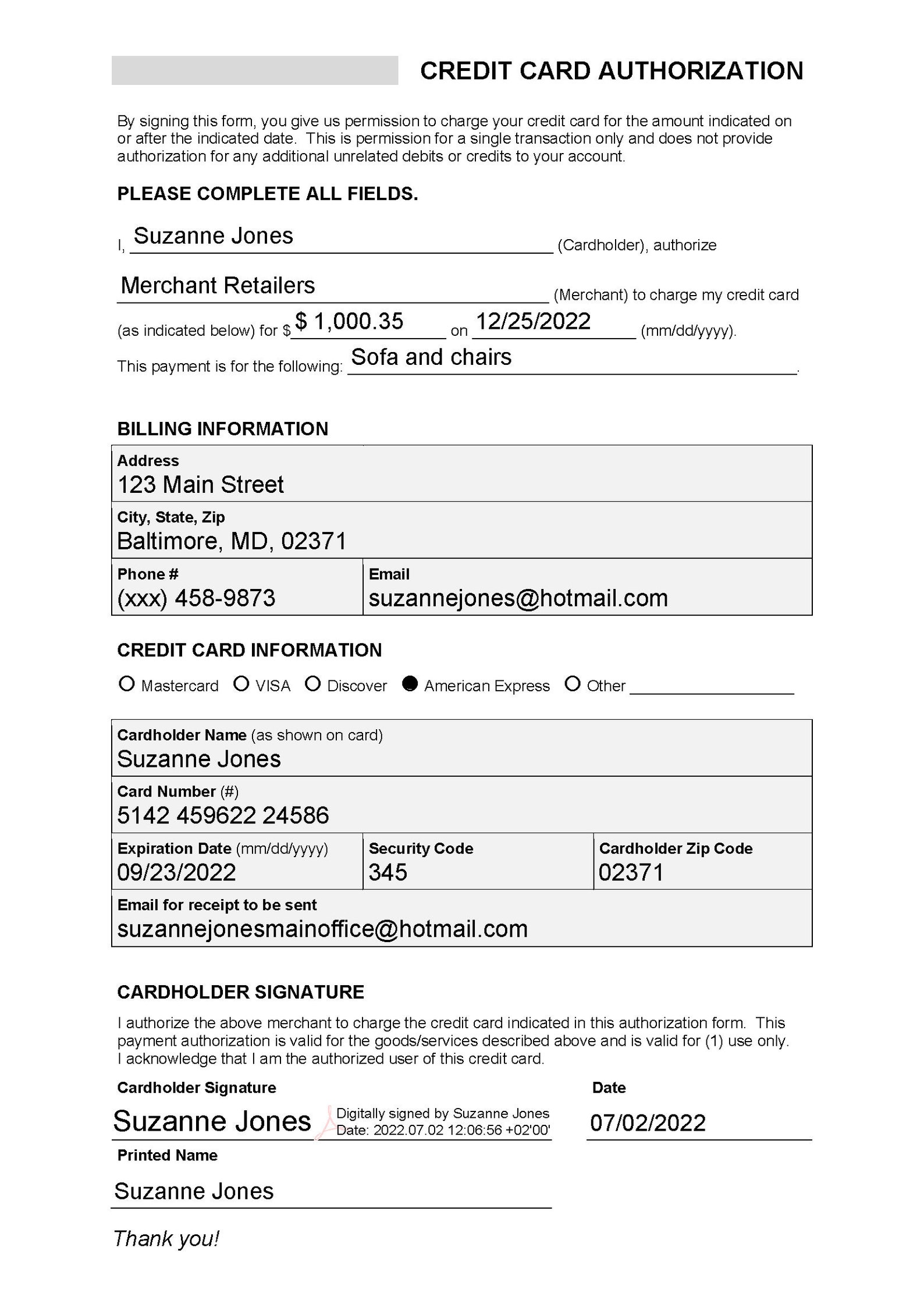 Credit Card Authorization Form / Fillable Credit Card Form / - Etsy