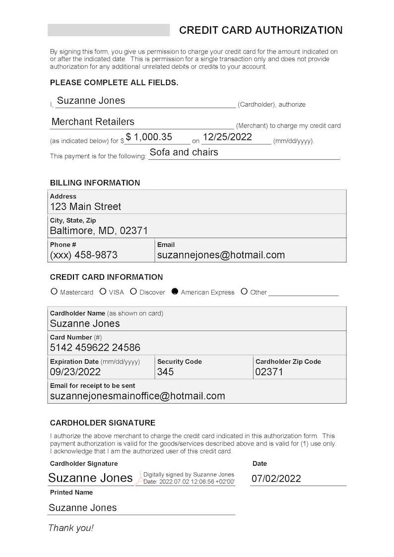 Credit Card Authorization Form / Fillable Credit Card Form / Credit ...