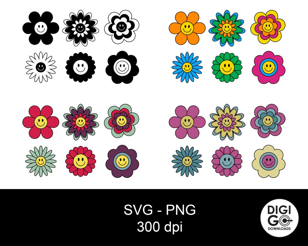 Flower Smiley Face / Retro Groovy Flowers Svg / Hippy Flowers Svg ...