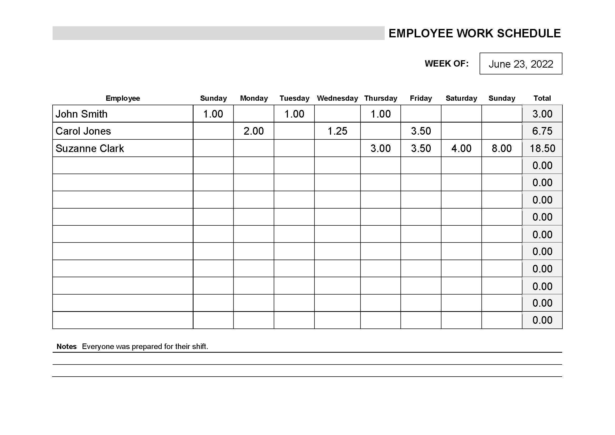 Employee Work Schedule Template Fillable Work Schedule Employee