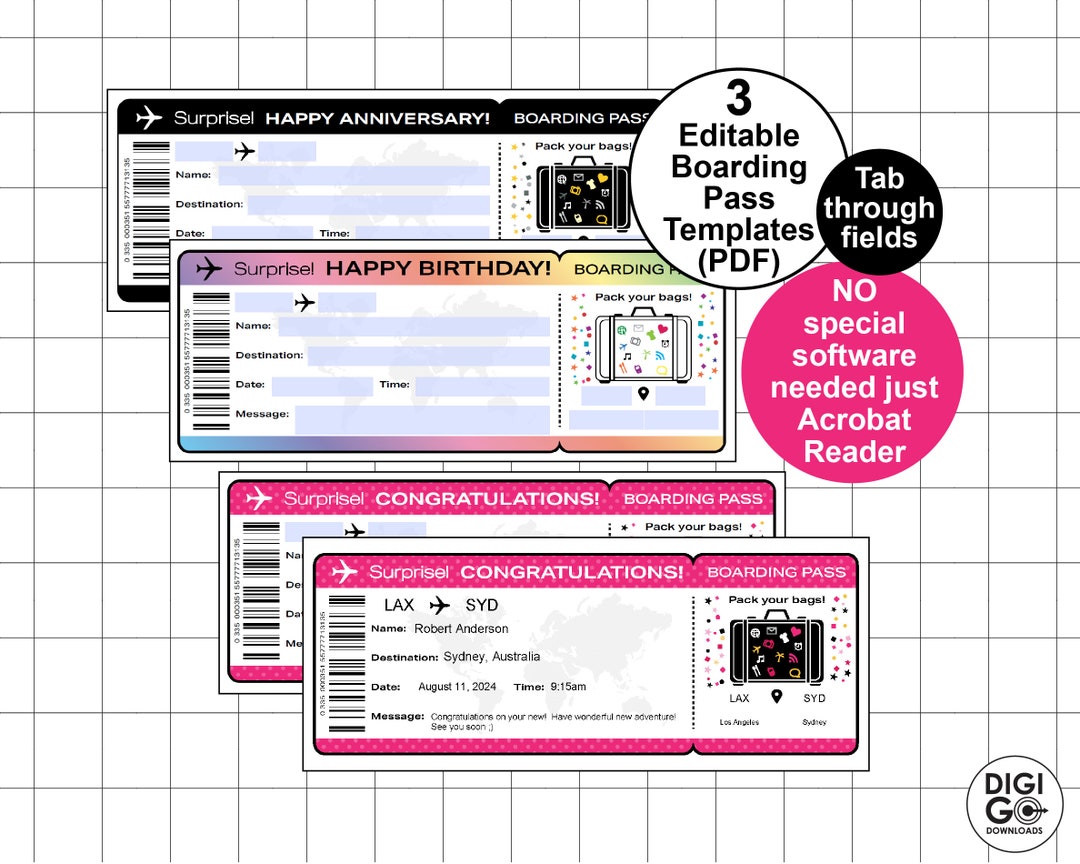 Editable Boarding Pass Template / Customizable Plane Tickets / Airplane ...