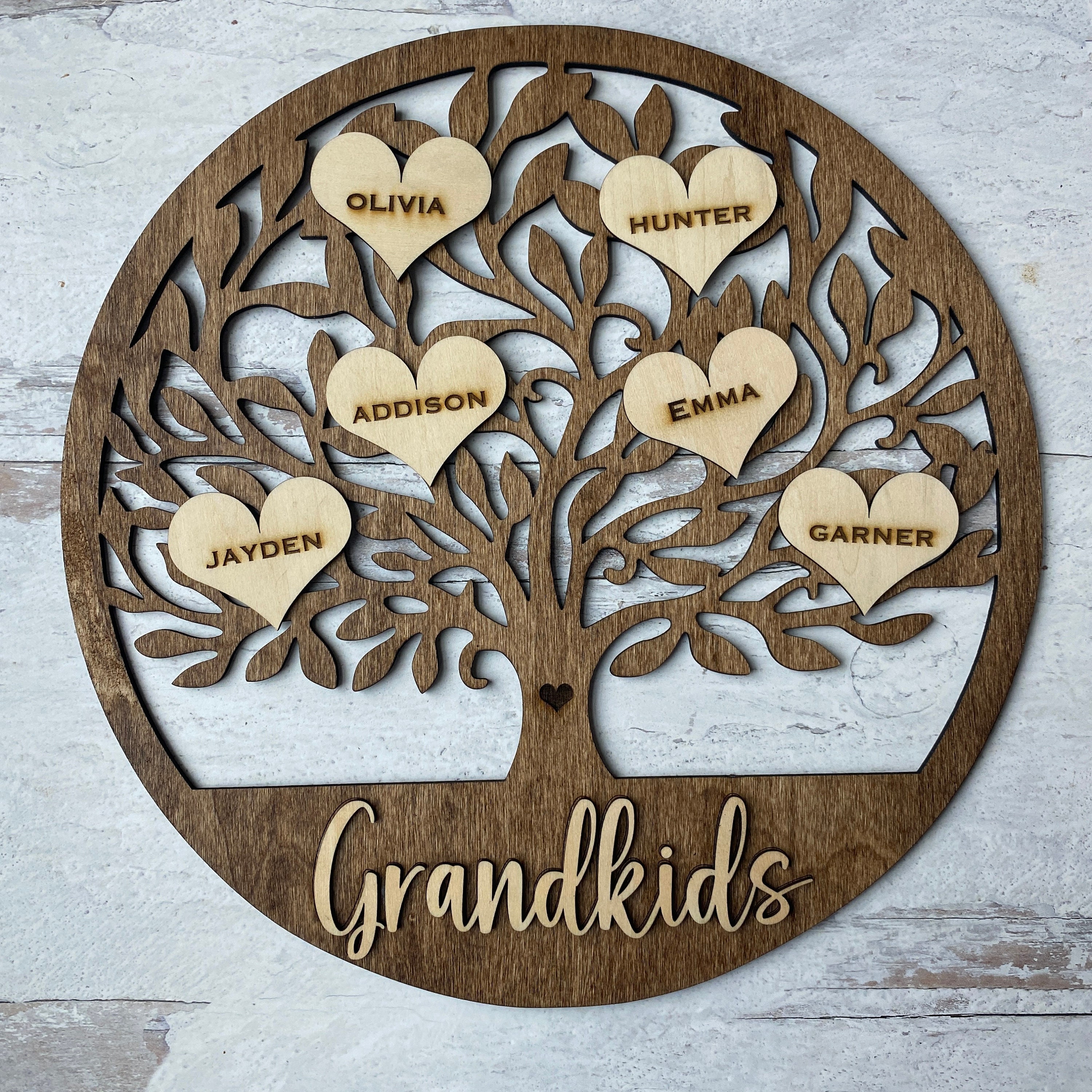 Personalized Wooden Family Tree Sign With Name Hearts. Wooden Grandkids ...
