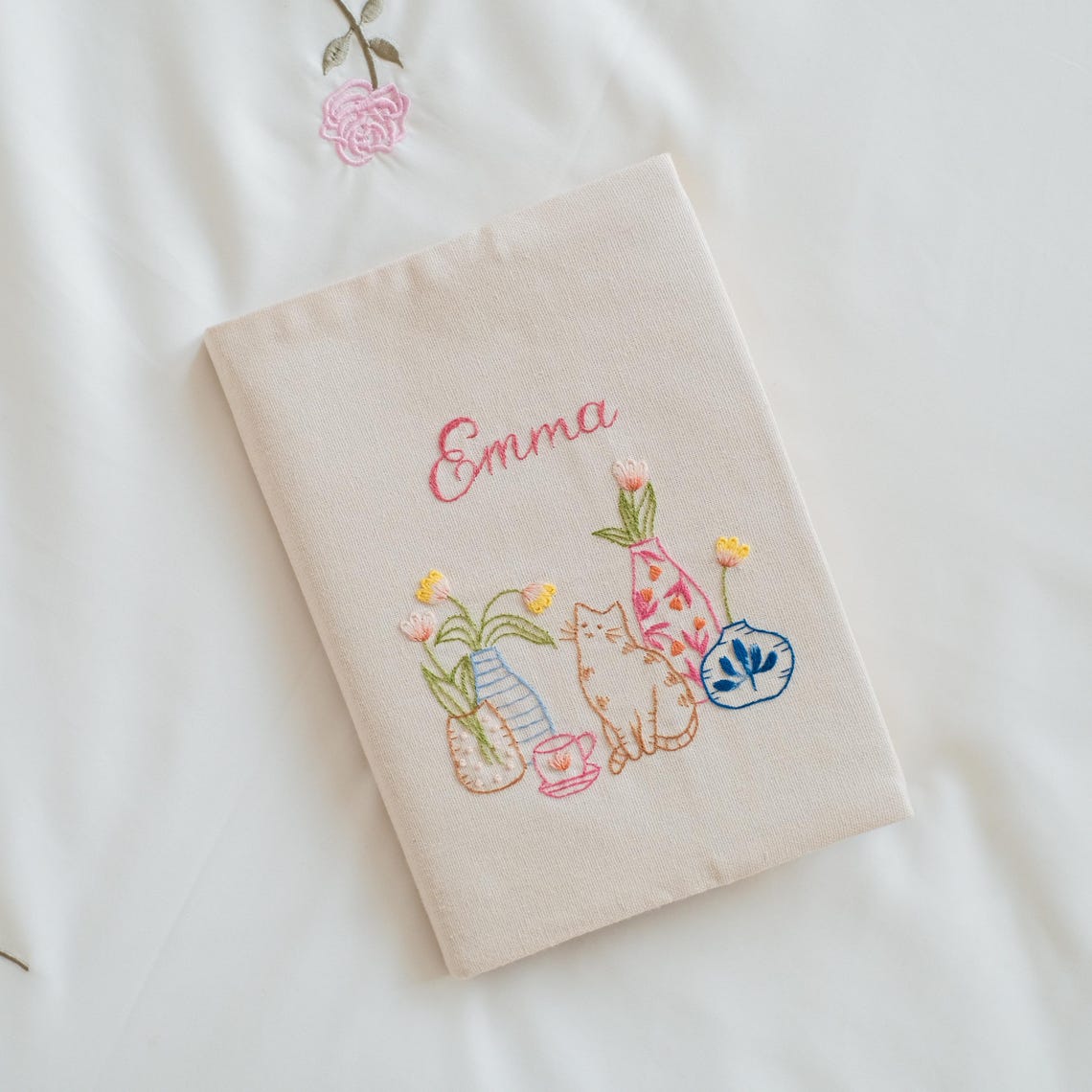 Hand Embroidered Custom Book Cover, Personalized Fabric Book Sleeve ...