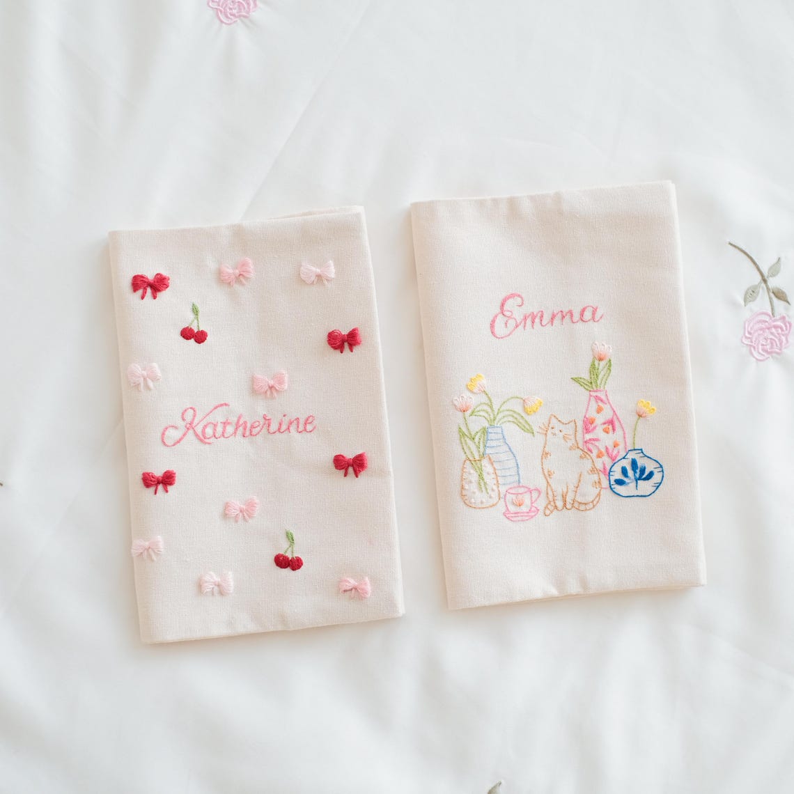 Hand Embroidered Custom Book Cover, Personalized Fabric Book Sleeve ...