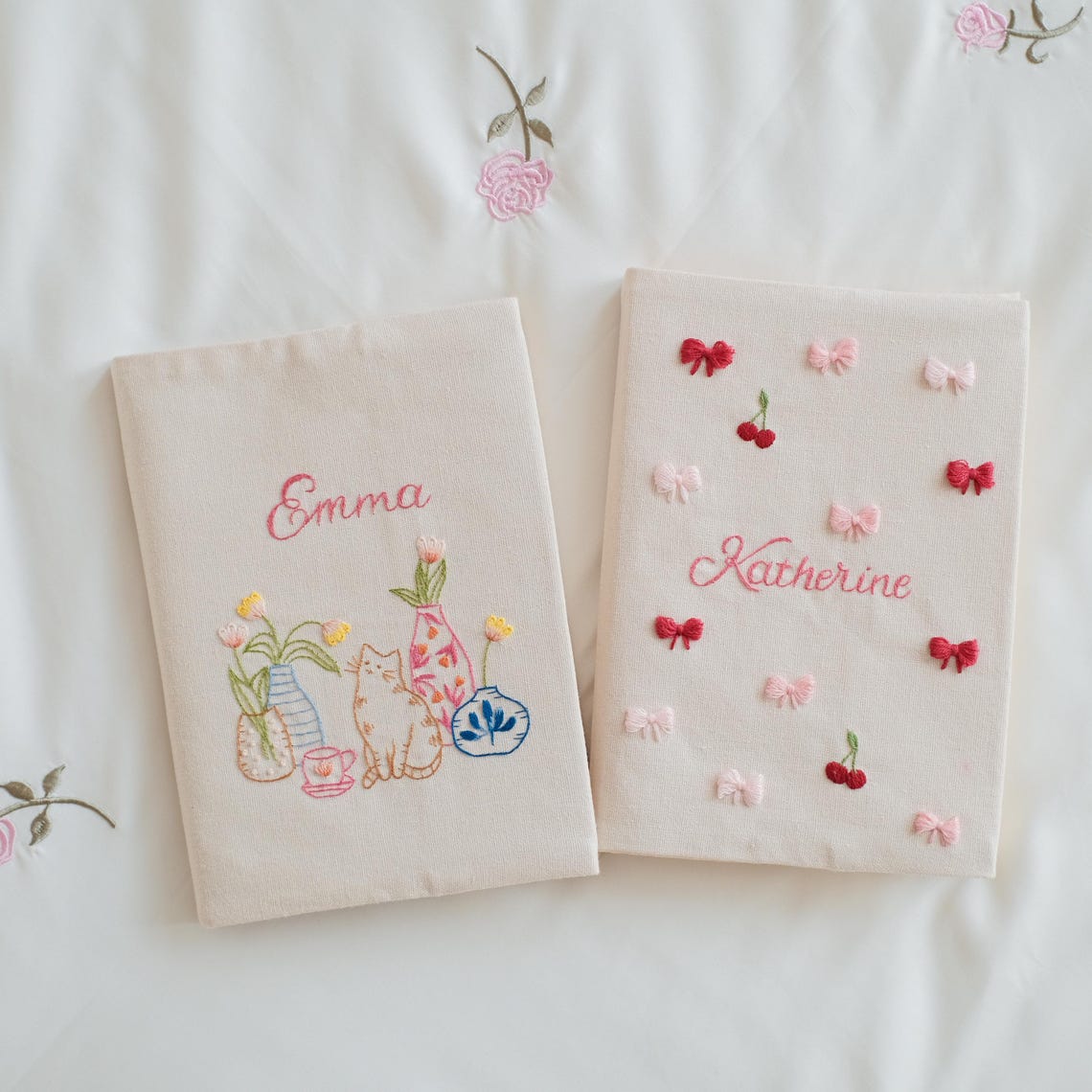 Hand Embroidered Custom Book Cover, Personalized Fabric Book Sleeve ...