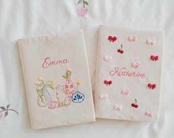 Hand Embroidered Custom Book Cover, Personalized Fabric Book Sleeve ...