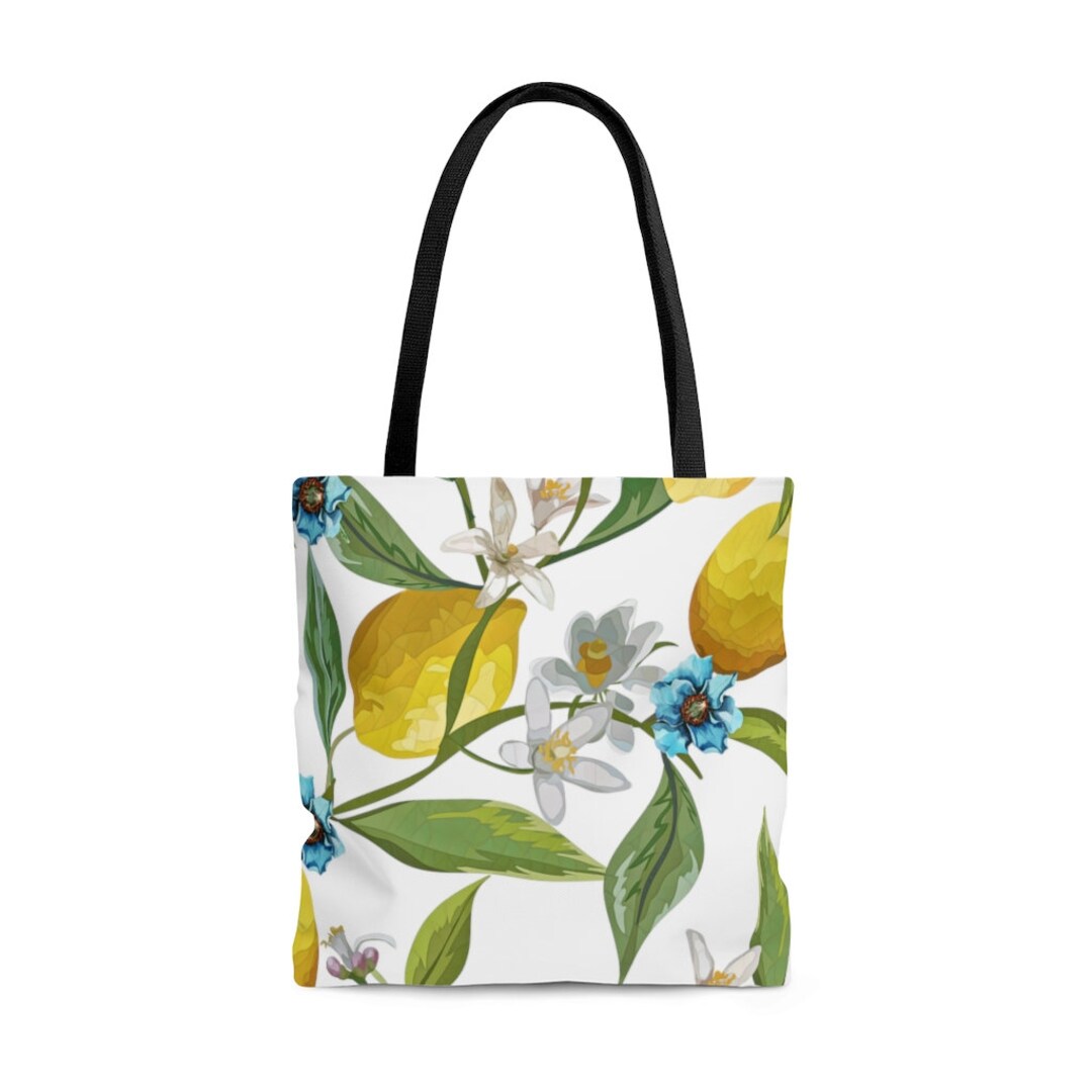 Lemons Tote Bag/lemon Design Beach Bag/green Yellow Blue Flowers Bag ...