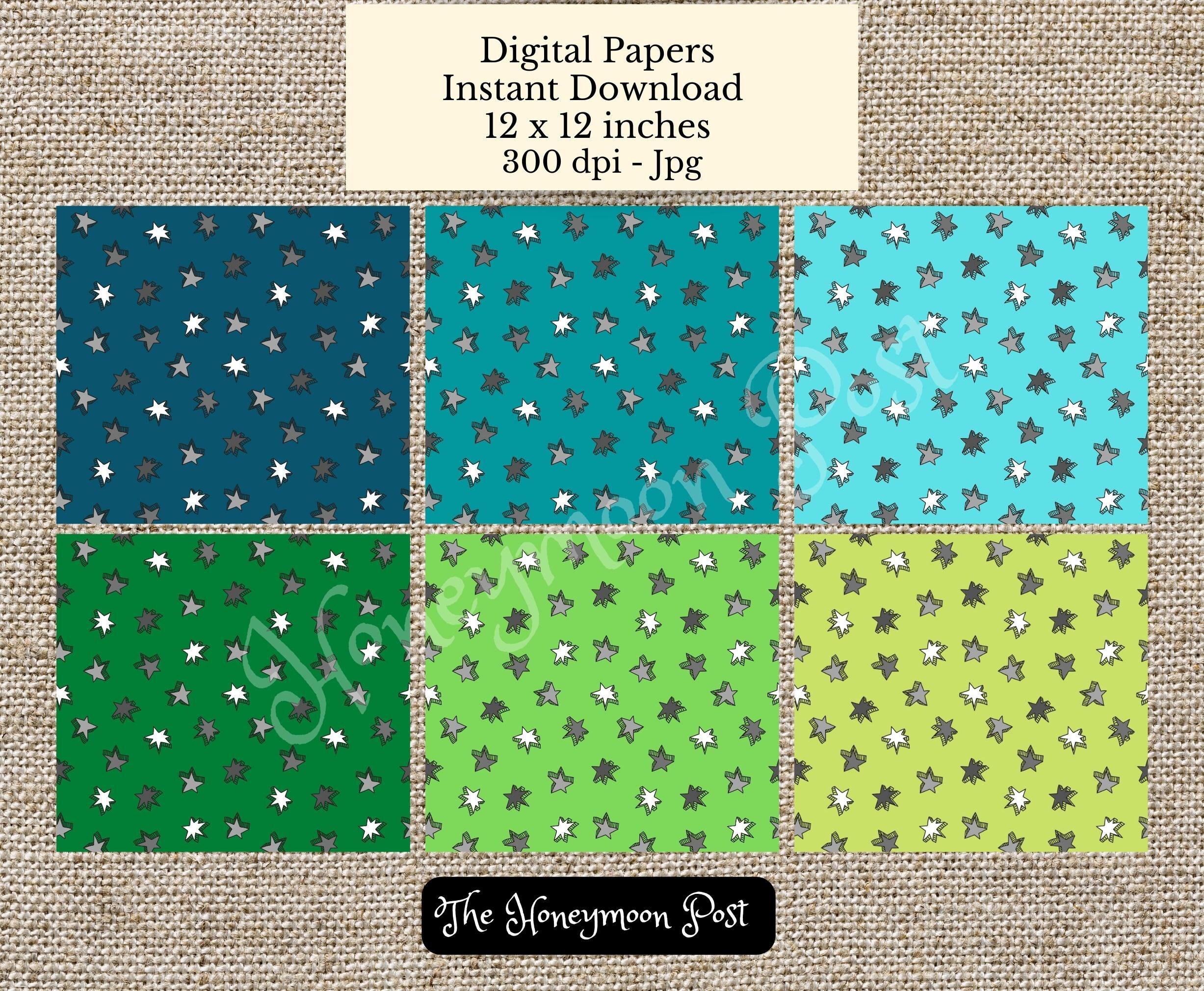 Instant Download Doodle Stars Digital Image Paper Pack 12 Green Shades ...