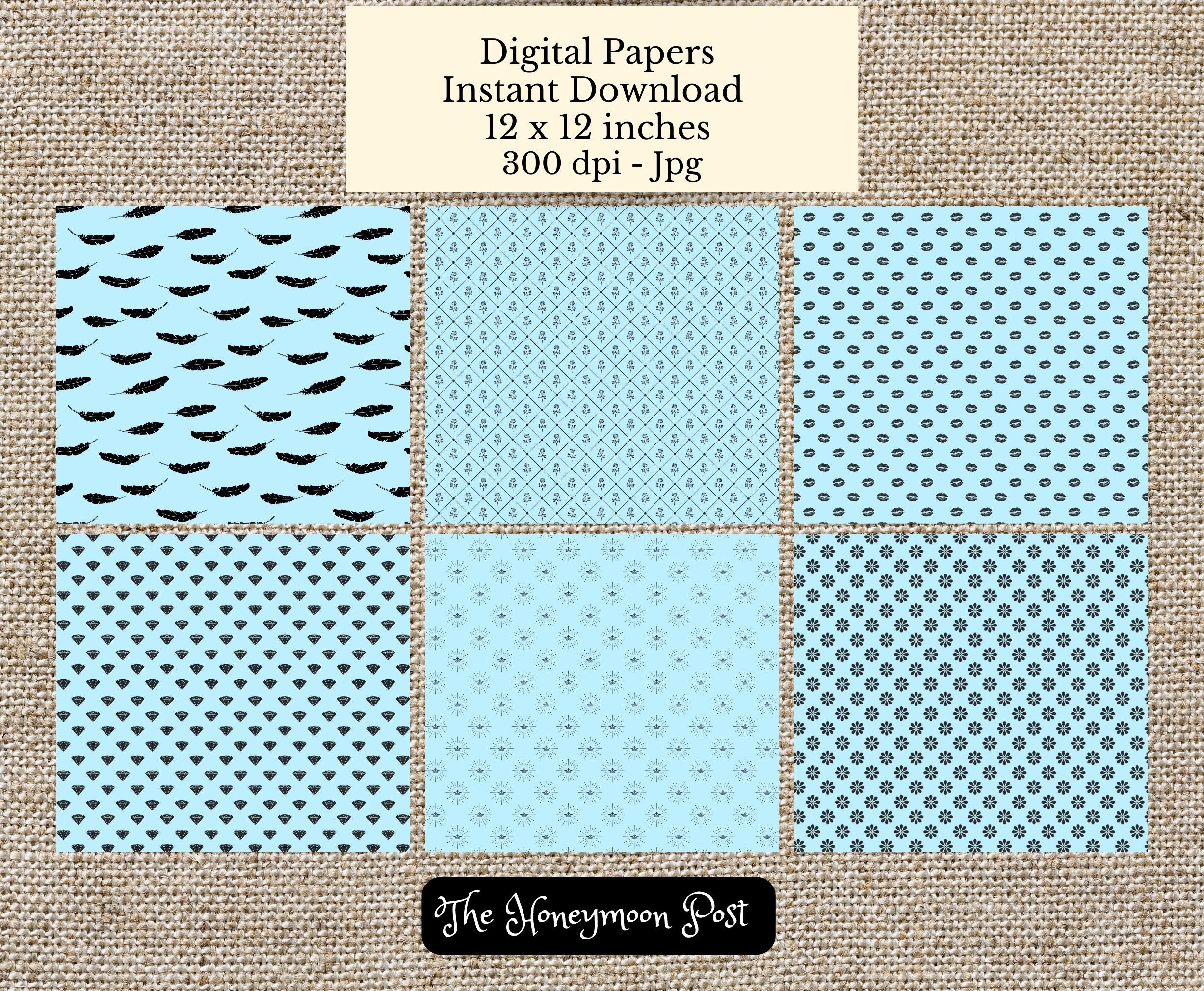 Instant Download Pale Blue Digital Paper, 12 Sheets, Mixed Patterns ...
