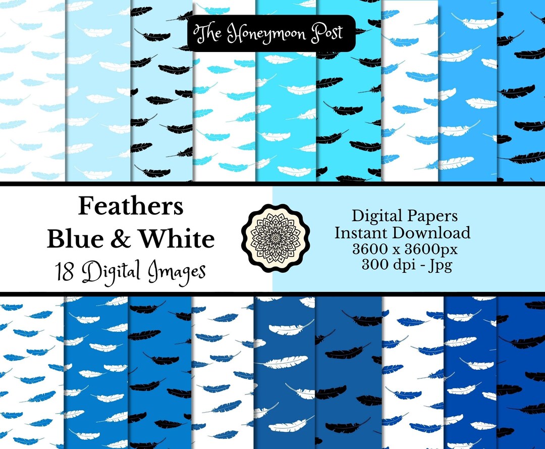 Instant Download, Feathers Digital Paper, 18 Sheets, Blue White Black ...