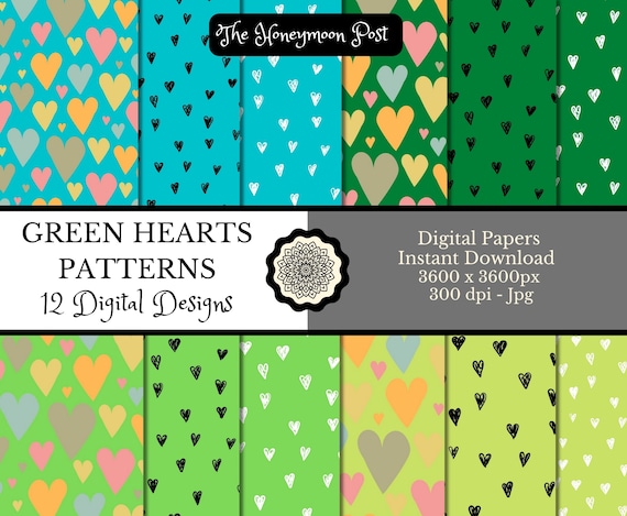 Instant Download Green Hearts Digital Paper 12 Sheets Mixed - Etsy