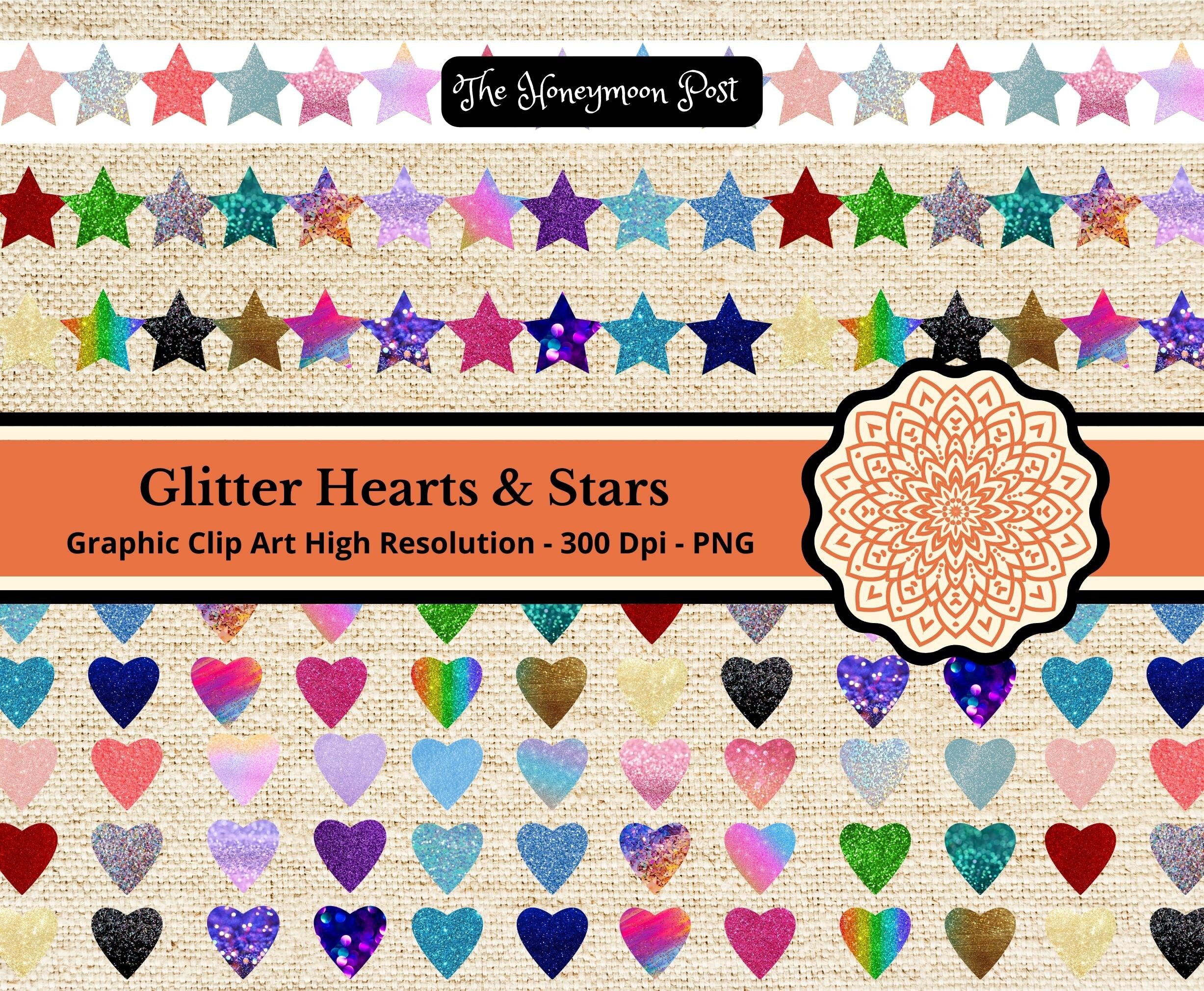 Instant Download Clip Art, 60 Glitter Hearts & Stars, Rainbow Colors ...