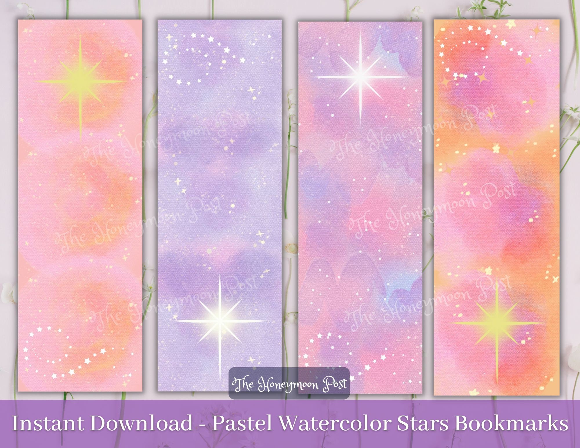 Instant Download Printable Bookmarks, Pastel Watercolor Celestial Stars ...