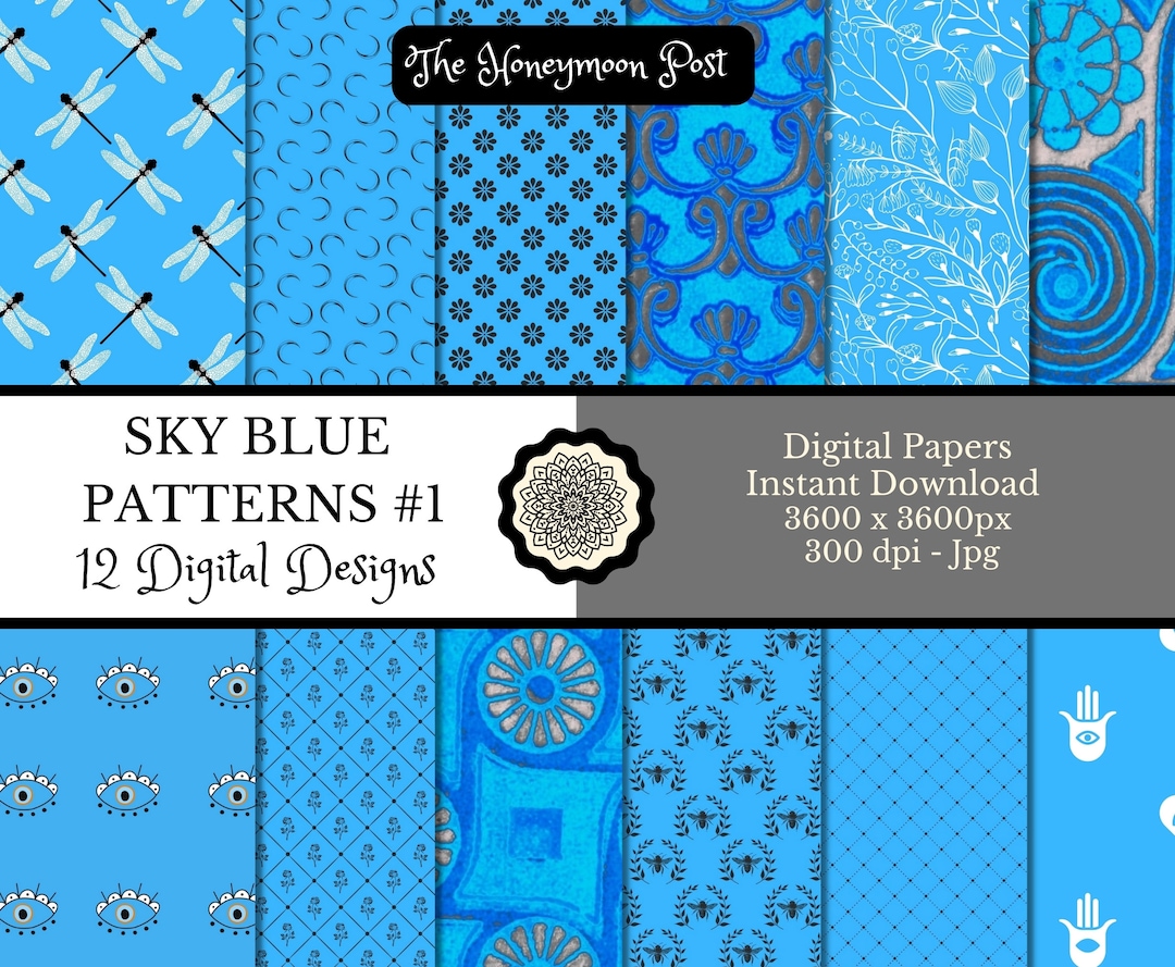 Instant Download Sky Blue Digital Paper, 12 Sheets, Mixed Patterns ...