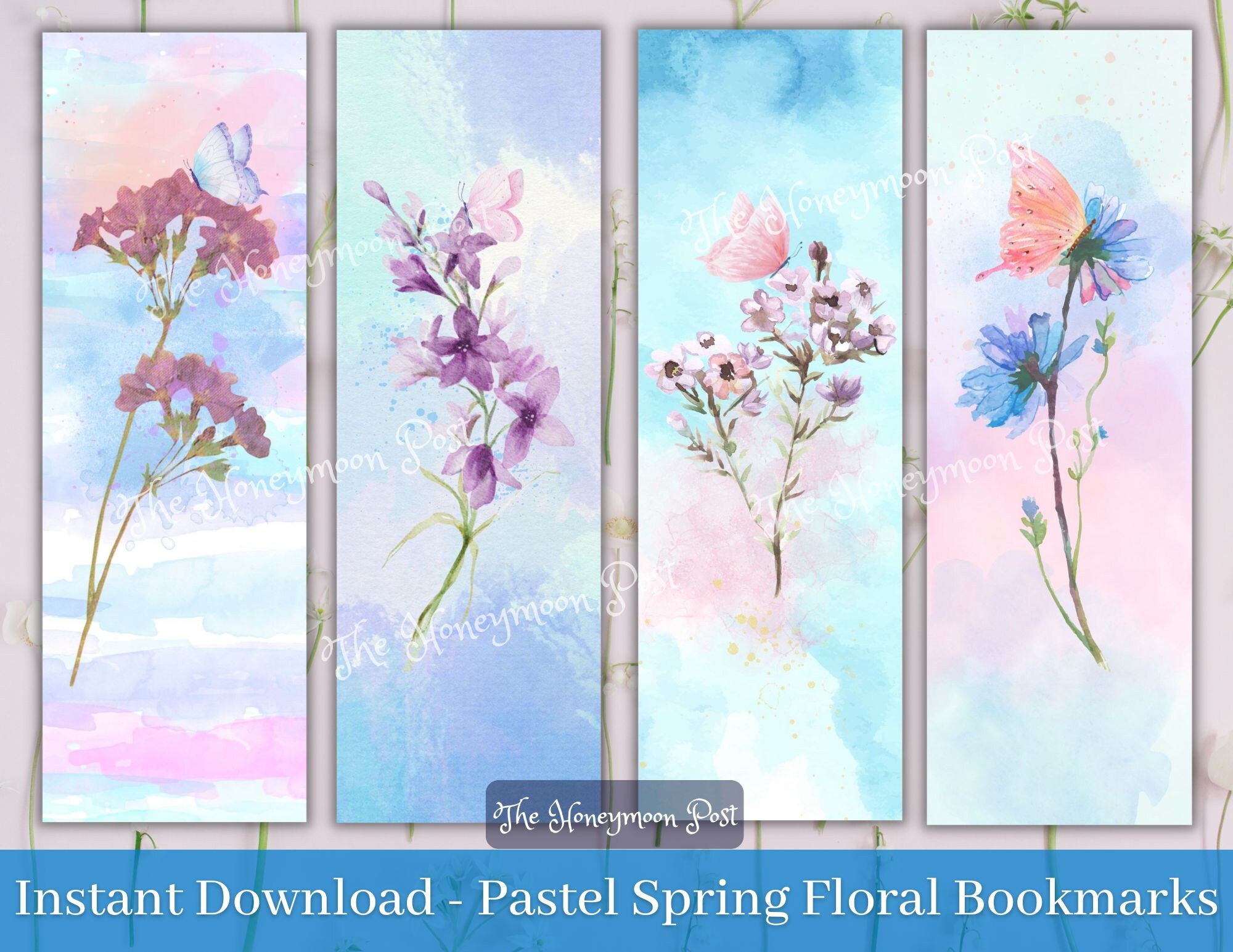 Instant Download Printable Bookmarks, Pastel Watercolor Spring Floral ...