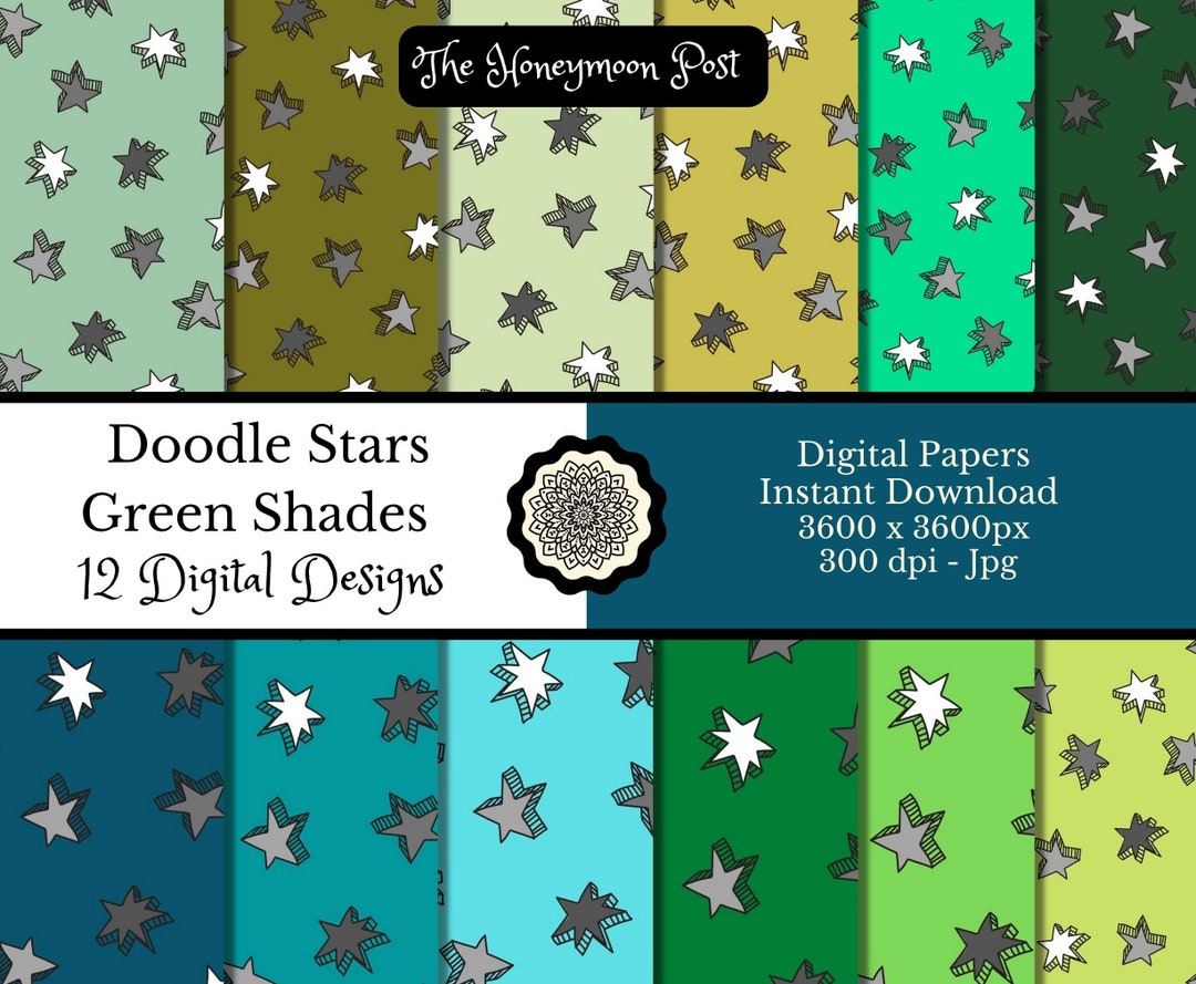 Instant Download Doodle Stars Digital Image Paper Pack 12 Green Shades ...