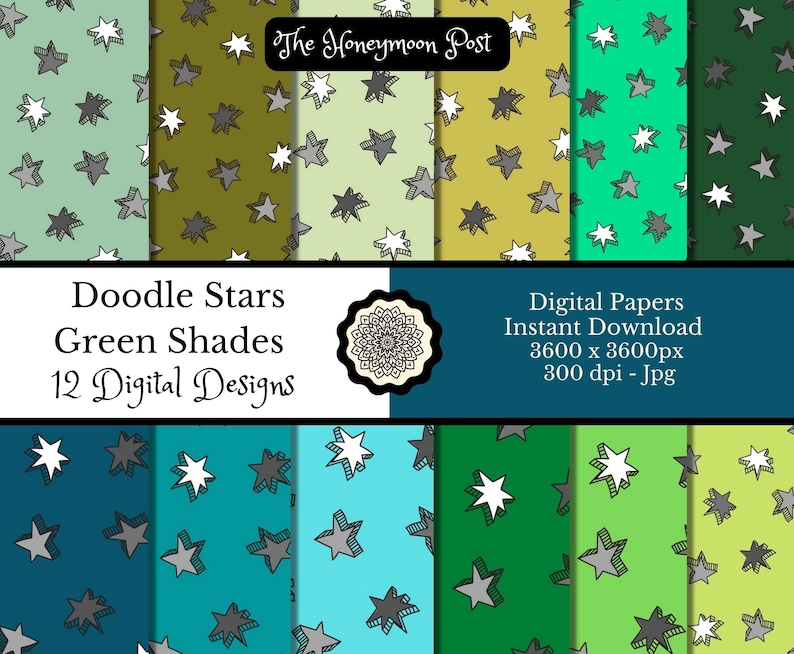 Instant Download Doodle Stars Digital Image Paper Pack 12 Green Shades ...