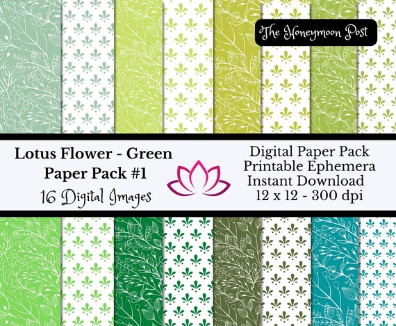 Instant Download Lotus Flower Paper Pack 16 Sheets Green | Etsy