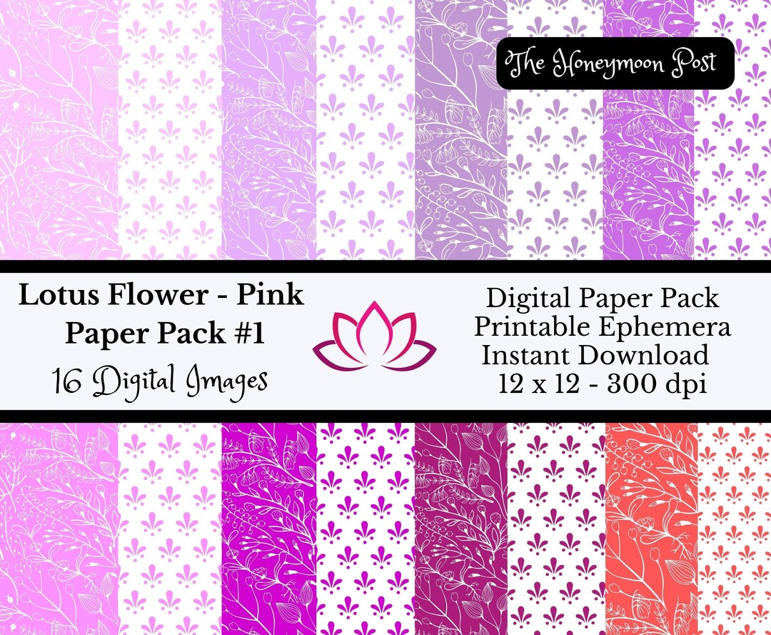 Instant Download Lotus Flower Paper Pack, 16 Sheets, Pink Shades ...