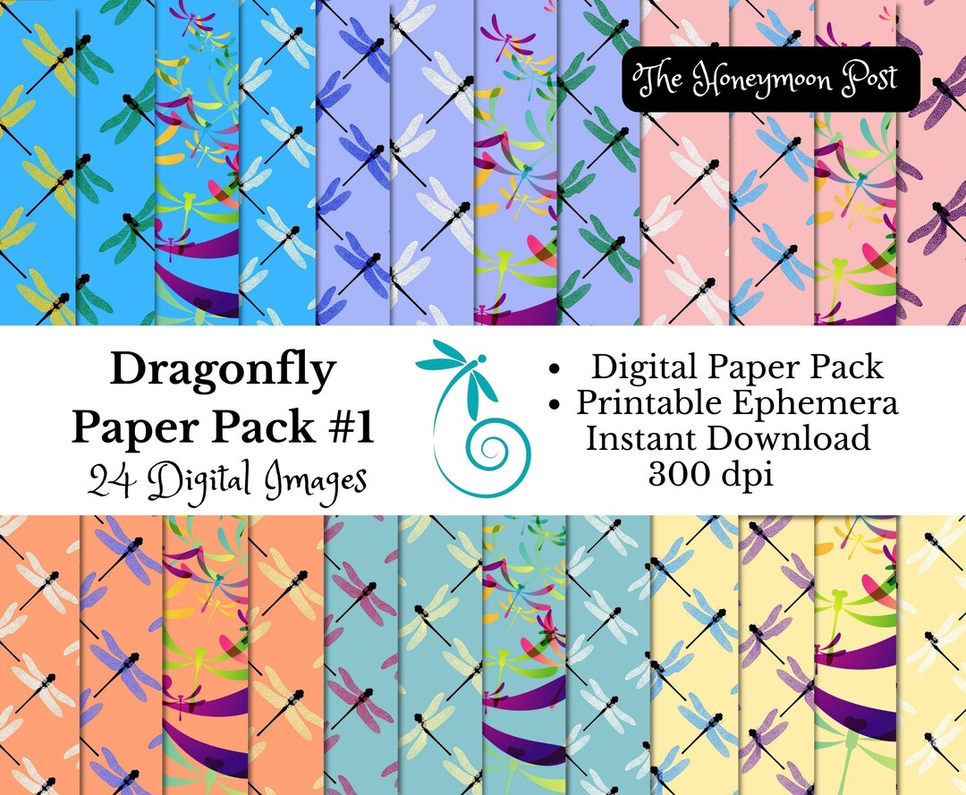 Instant Download, Dragonfly Insect Paper Pack 24 Ephemera Sheets ...