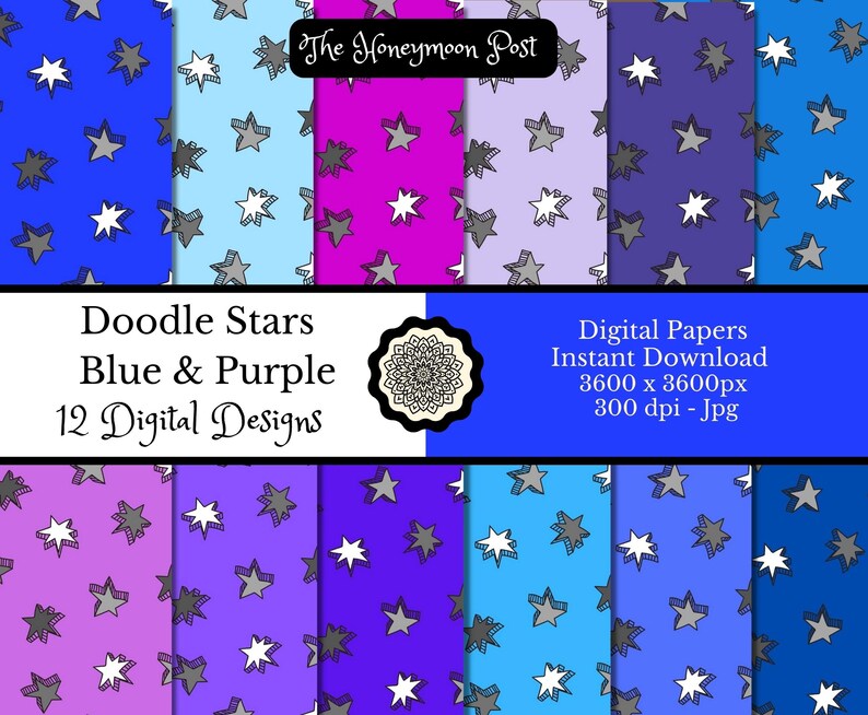 Instant Download Doodle Stars Digital Image Paper Pack 12 Blue & Purple ...