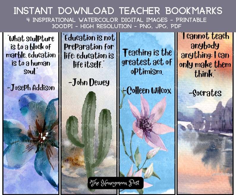 Instant DOWNLOAD, Digital Printable Teacher Bookmarks, 4 Inspirational ...