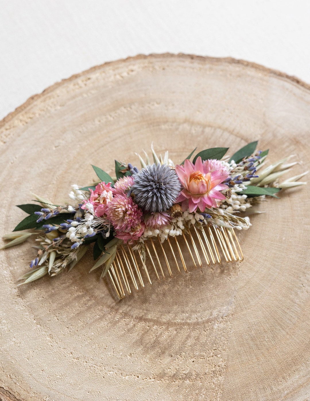 Blue Globe Thistle Pink Hair Comb / Wedding Bridal Natural Comb ...