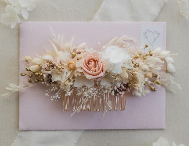 Dusty Pink Gold Lux Hair Comb With Dried and Preserved Flowers ...