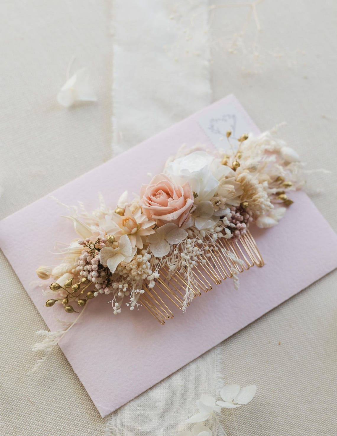 Dusty Pink Gold Lux Hair Comb With Dried and Preserved Flowers ...