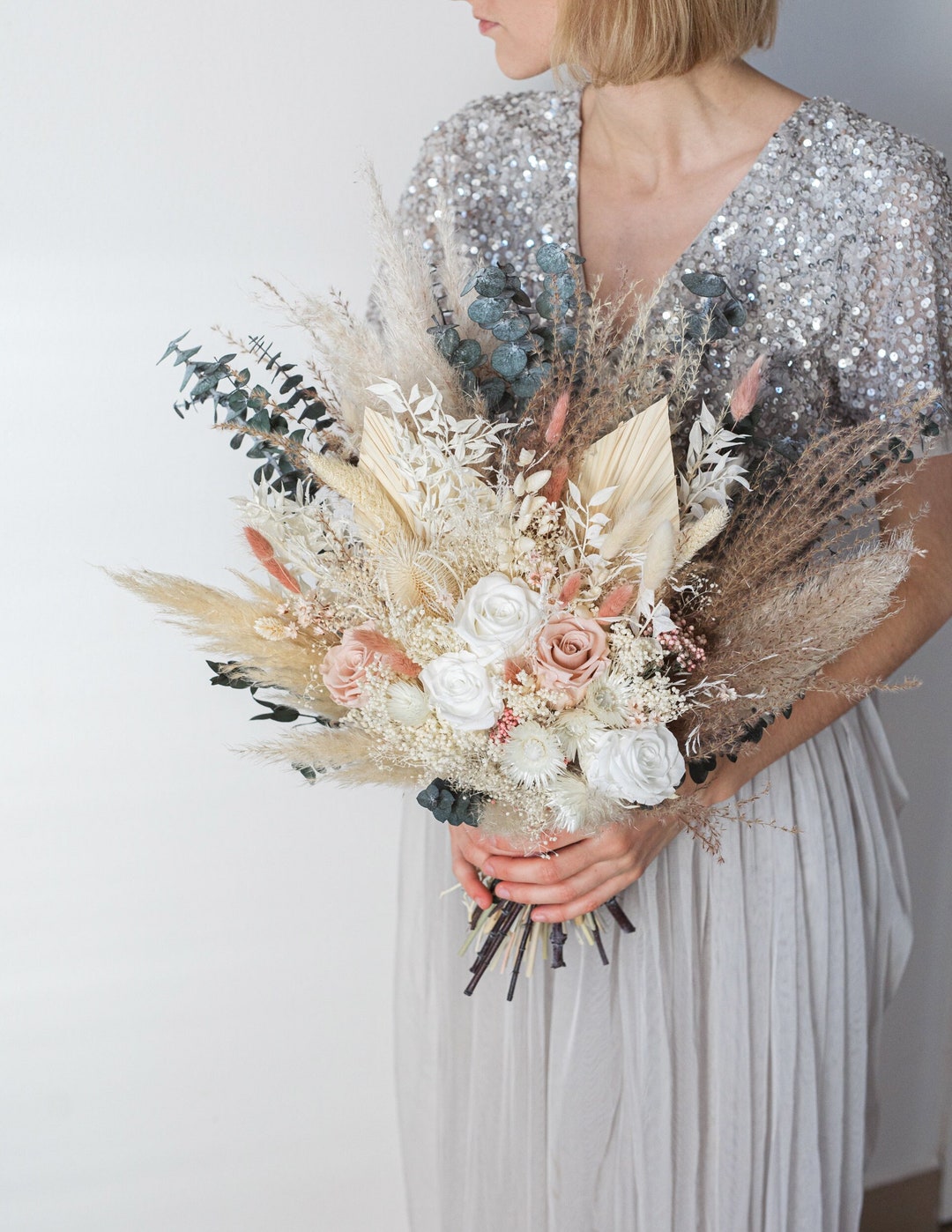 Dusty Pink Everlasting Wedding Bouquet / Preserved Rose Flower Bouquet / Beige Pink Dried Bridal ...