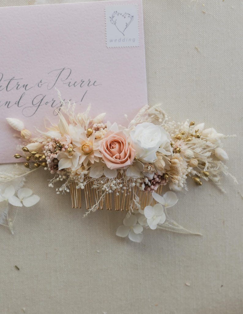 Dusty Pink Gold Lux Hair Comb With Dried and Preserved Flowers ...