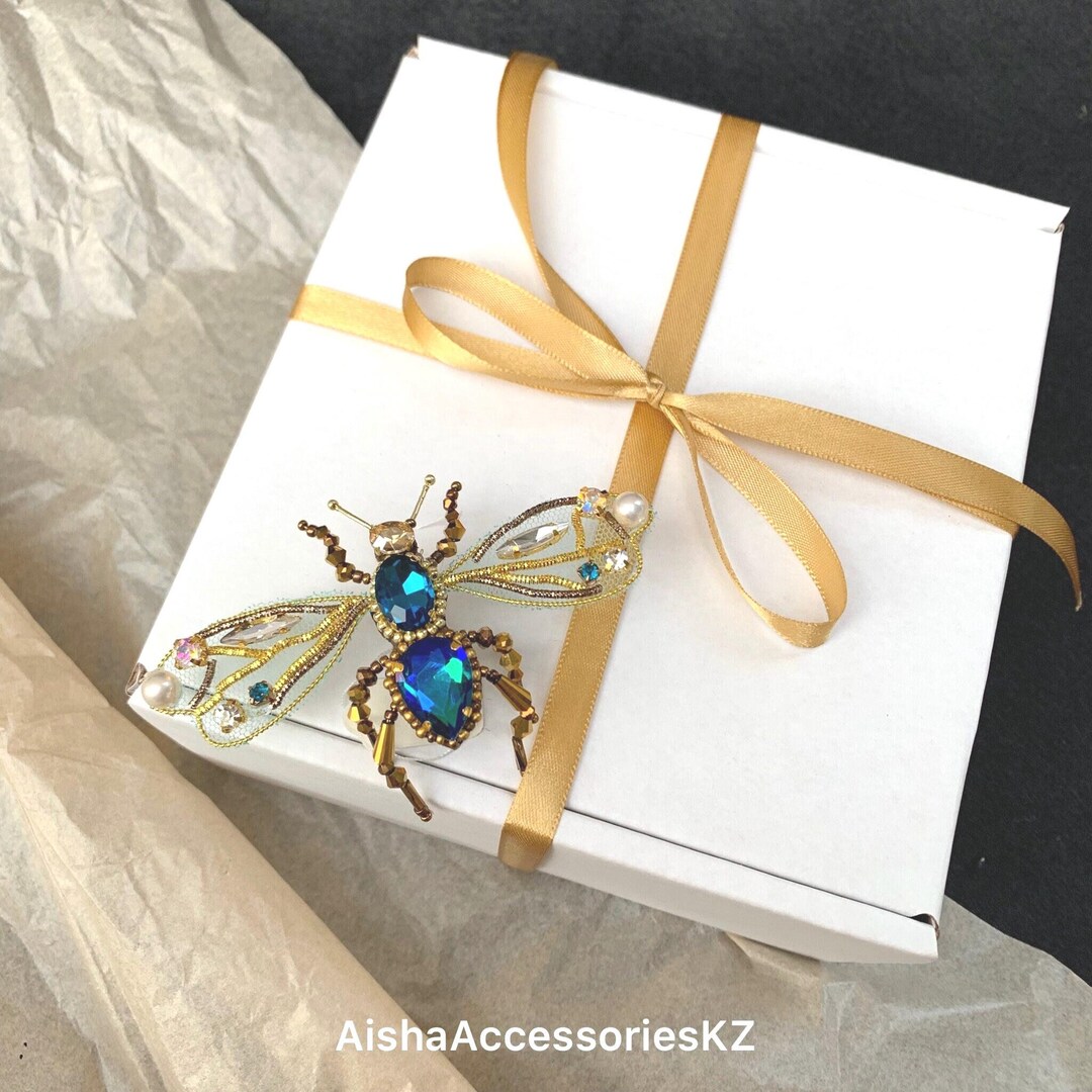Crystal Beaded Blue Bee Brooch: Hand Embroidered Lapel Pin - Etsy