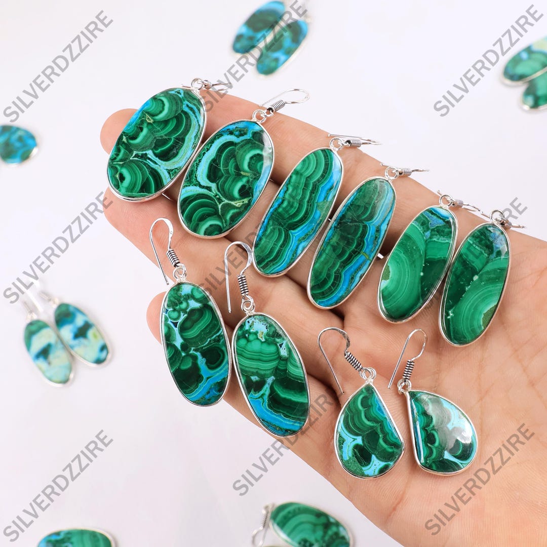Malachite Chrysocolla Earrings, Dangle Earrings, Mix Shape Sterling ...