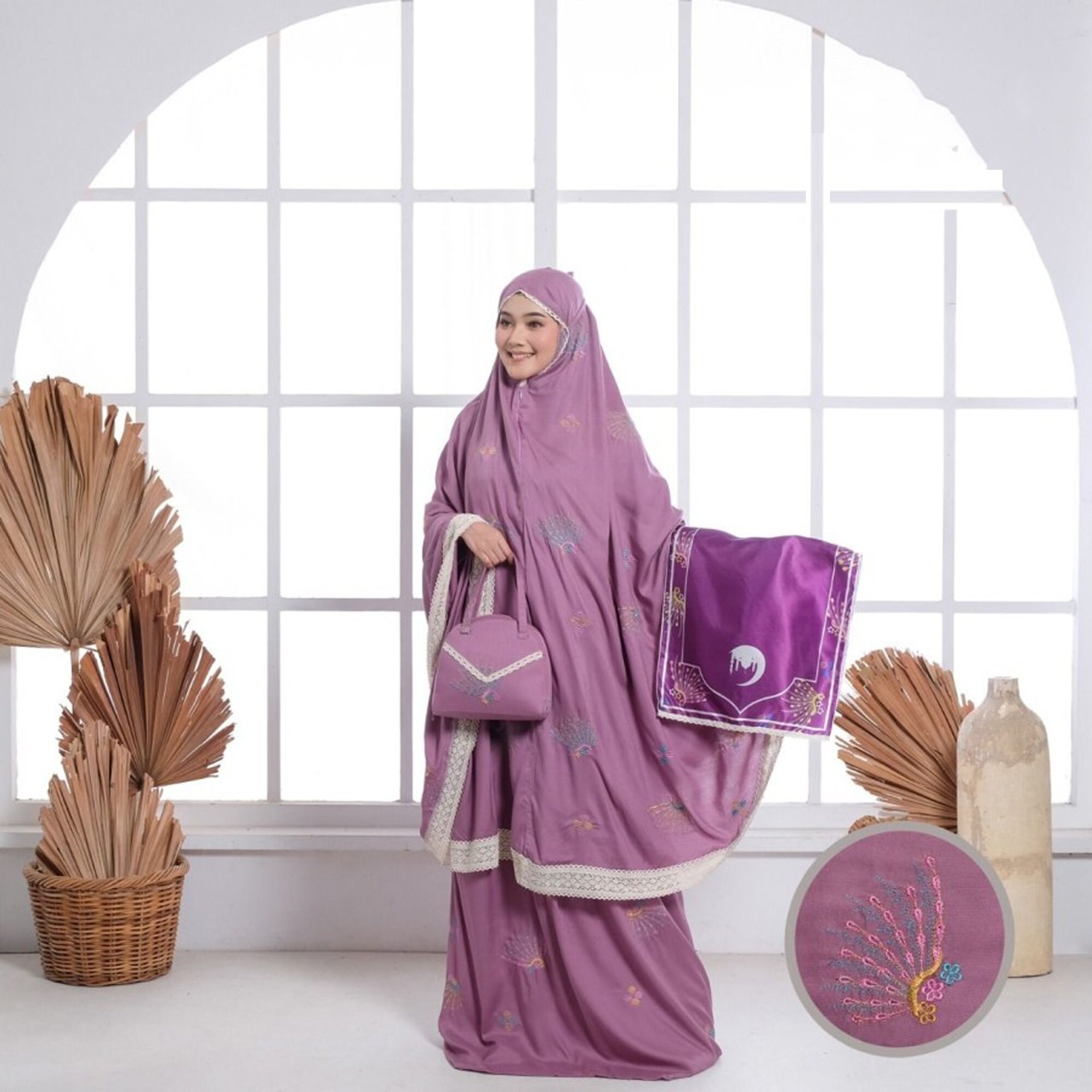 Complete Prayer Set: Olivia Embroidery Rayon Adult Mukena, Muslim ...