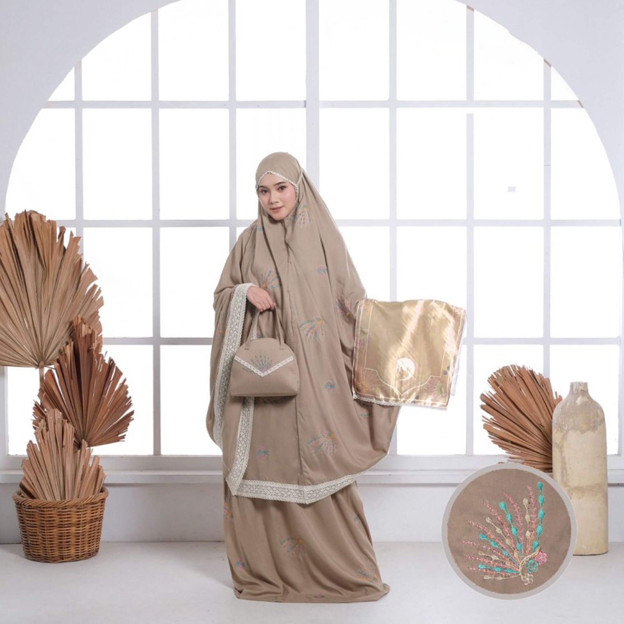 Complete Prayer Set: Olivia Embroidery Rayon Adult Mukena, Muslim ...