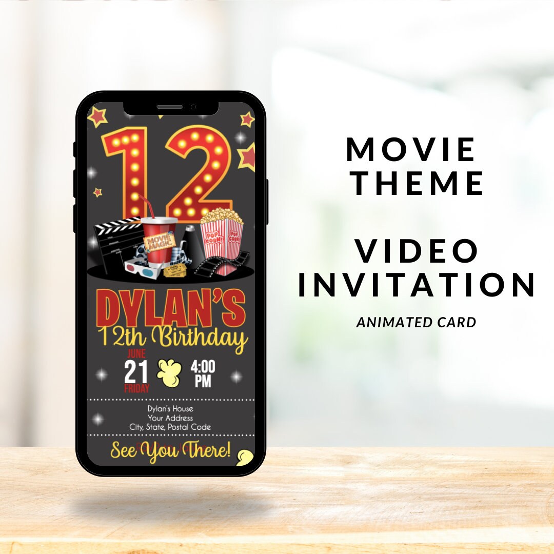 Movie Night Video Invitation , Movie Theme Birthday Invitation , Movie ...