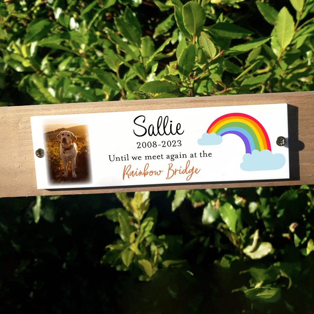 Personalised Rainbow Bridge Pet Memorial, Bench Plaque With Photo - Dog ...