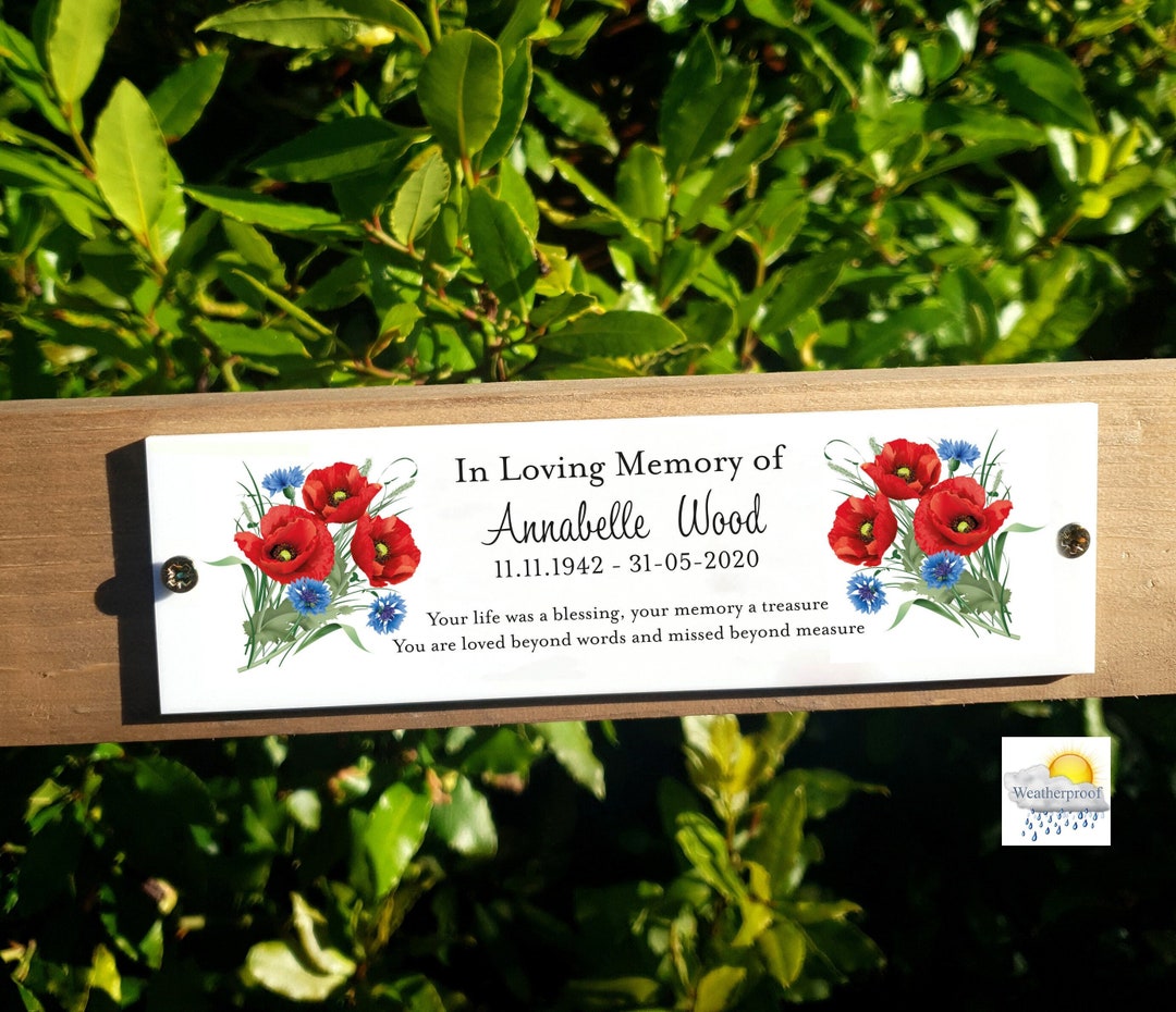 Personalised Poppy Bench Plaque, All Weather Memorial Plaque, Acrylic ...