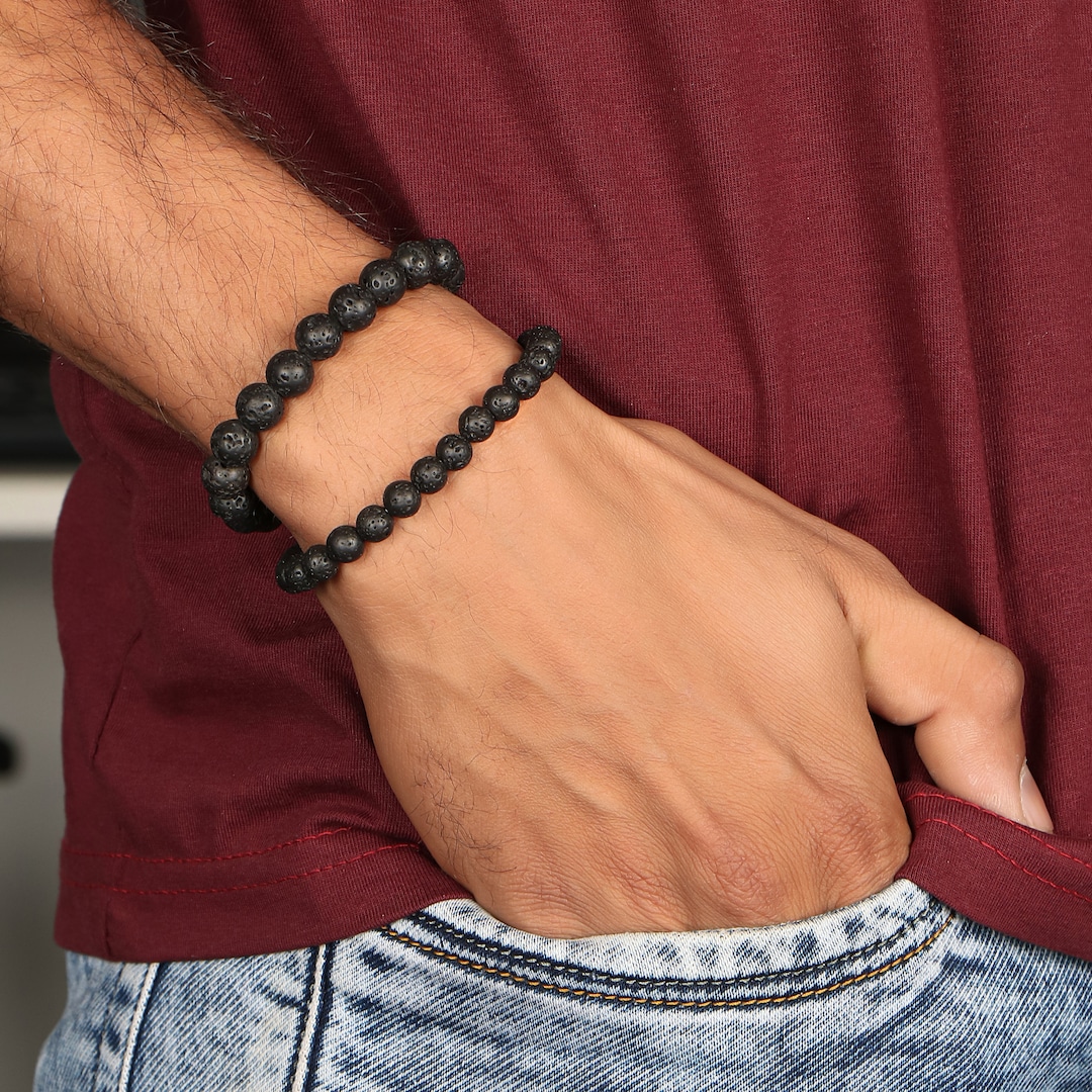 Black Volcanic Rock Lava Stone Beaded Bracelet Indian Handmade - Etsy