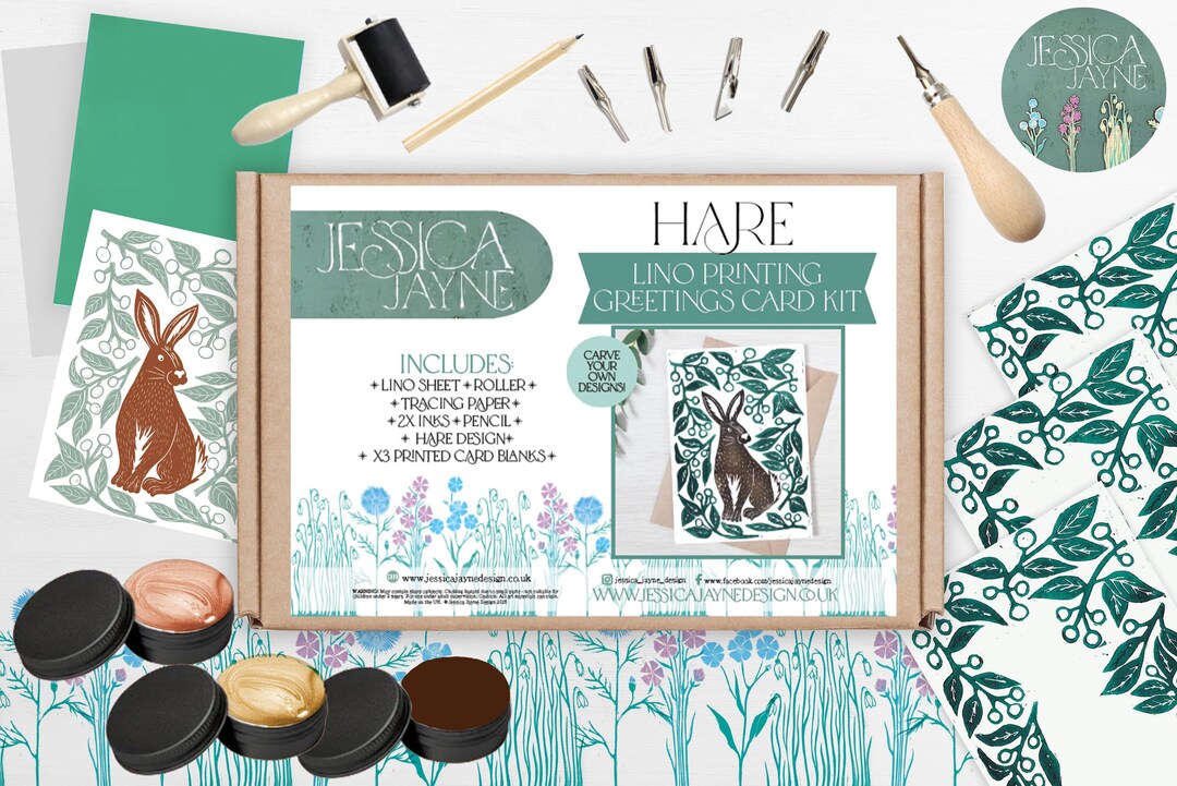 Woodland Lino Printing Starter Kit, Hare Design, A5 Prints & Cards ...