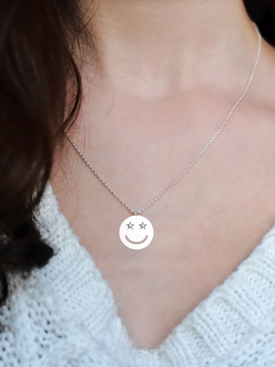 14k Solid Gold Smiley Face Emoji Necklace, Silver Smiley Face Pendant ...